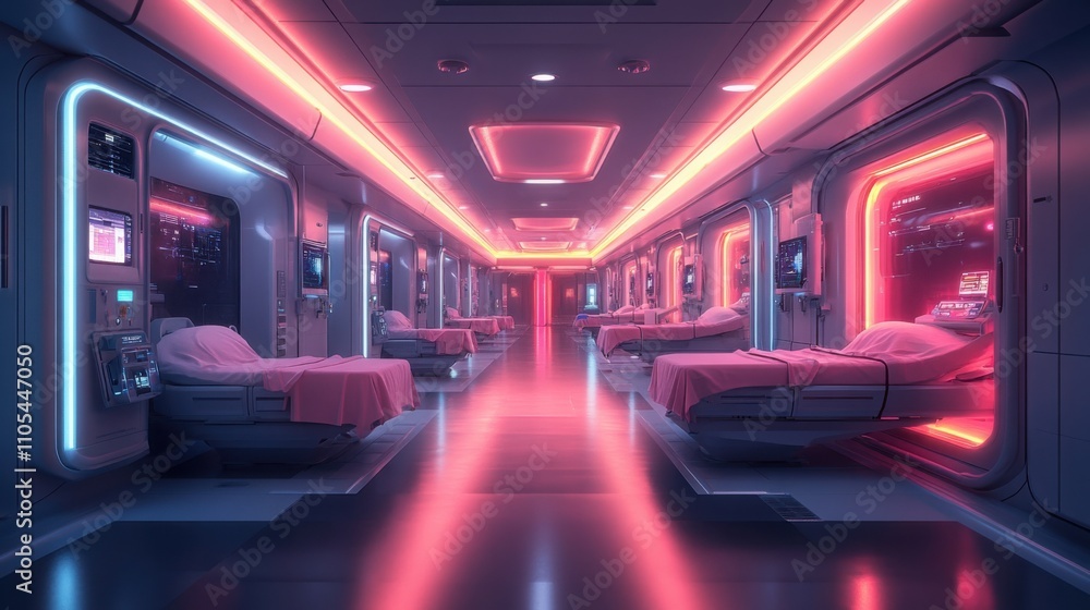Futuristic hospital interior in 3D rendering, designed with advanced ...