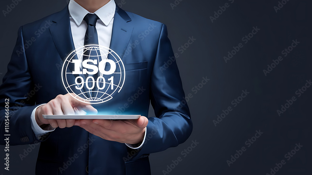 ISO 9001 Concept, Businessman holding a tablet with text iso 9001, ISO ...