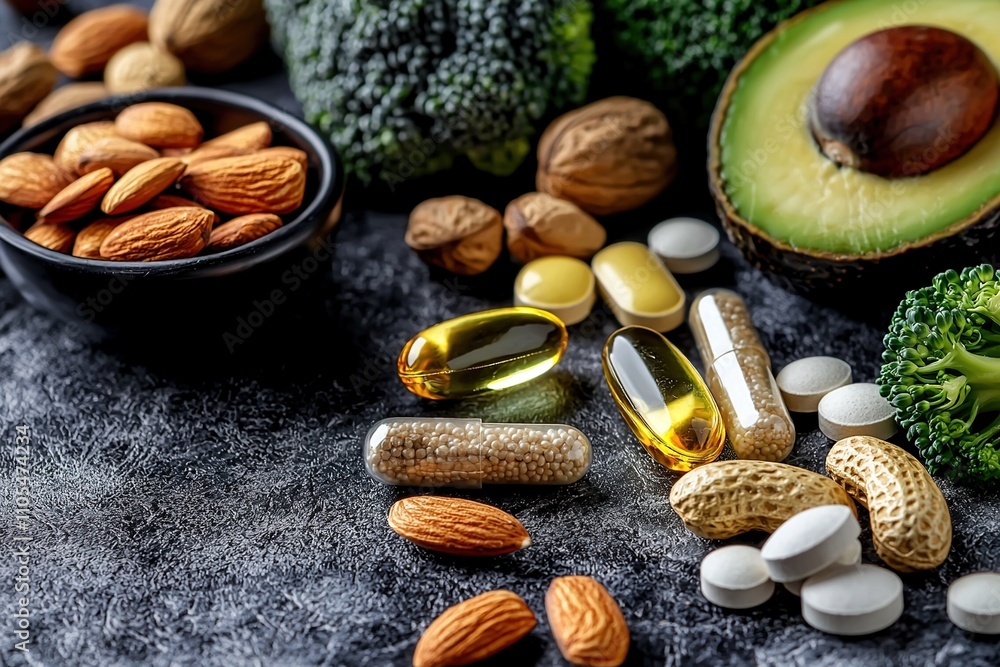 Magnesium supplement capsules alongside natural magnesium-rich foods ...