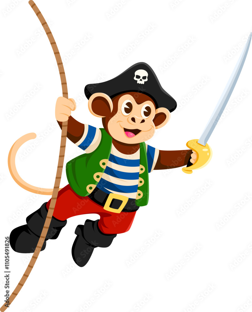 Cartoon monkey pirate and corsair animal character riding a rope with ...