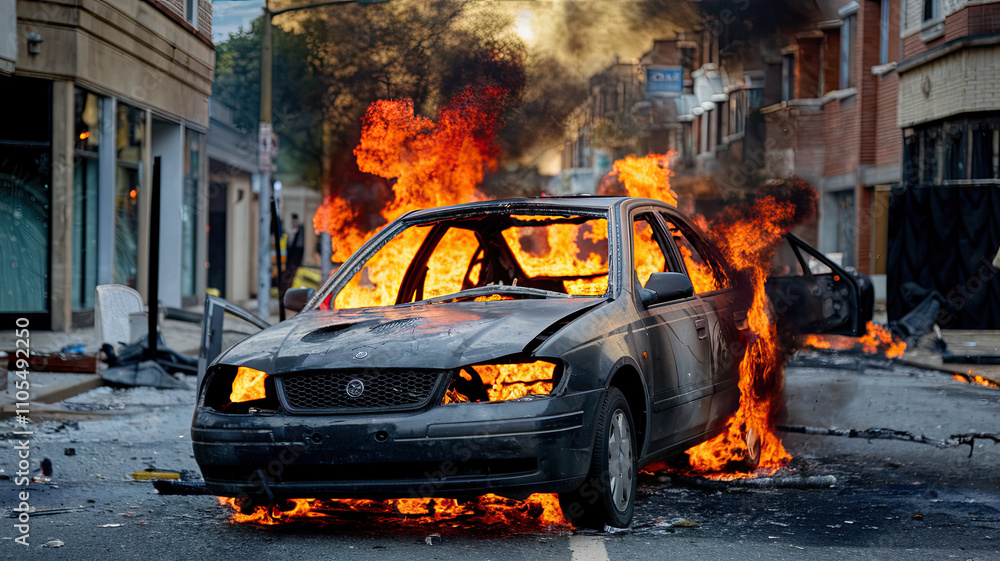 Burned car on an urban street after riots, showing severe fire damage ...