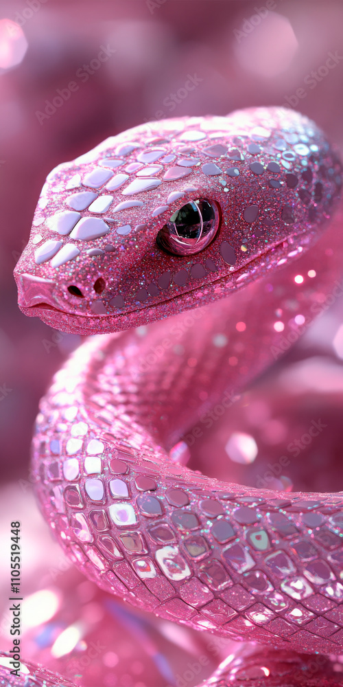 Close-up of a coiled pink glitter snake with shimmering scales against ...