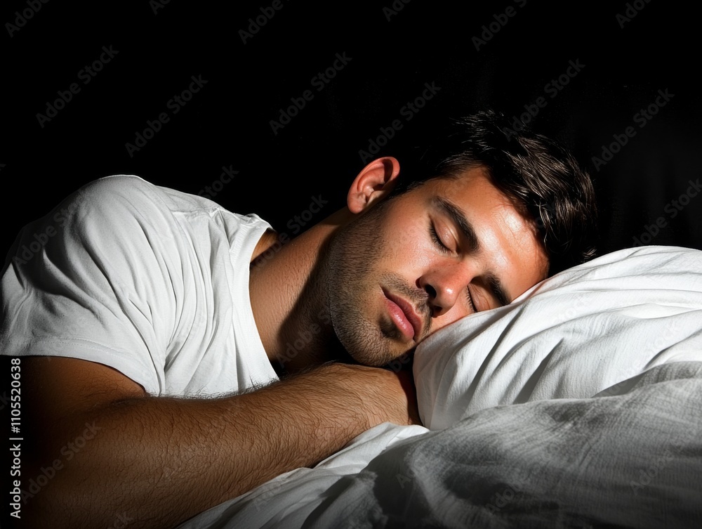 Relaxing sleep of a young man in bed indoor bedroom portrait ...