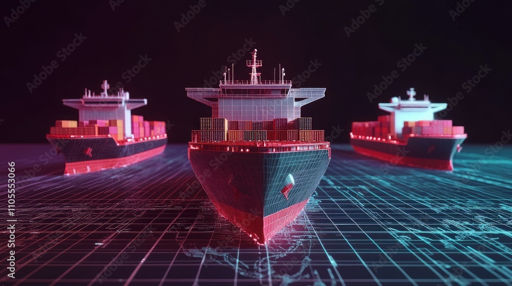 Earth grid overlay with container ships flat design front view transport theme 3D render ...