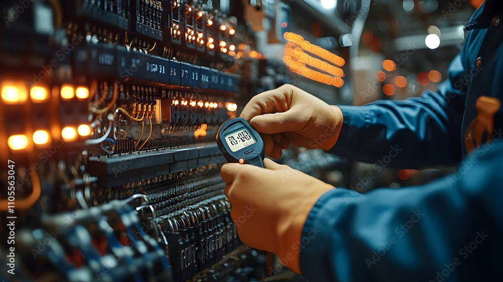 Industrial Electrician Uses Digital Multimeter for Precise Voltage ...