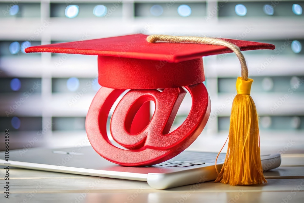 Online Education Symbol Featuring Red Graduation Cap and At Symbol ...