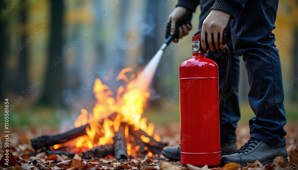 Person uses fire extinguisher on outdoor bonfire. Person wearing dark ...