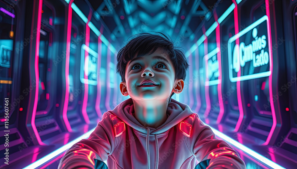 Futuristic happy kid in holographic modern city neon glowing high ...