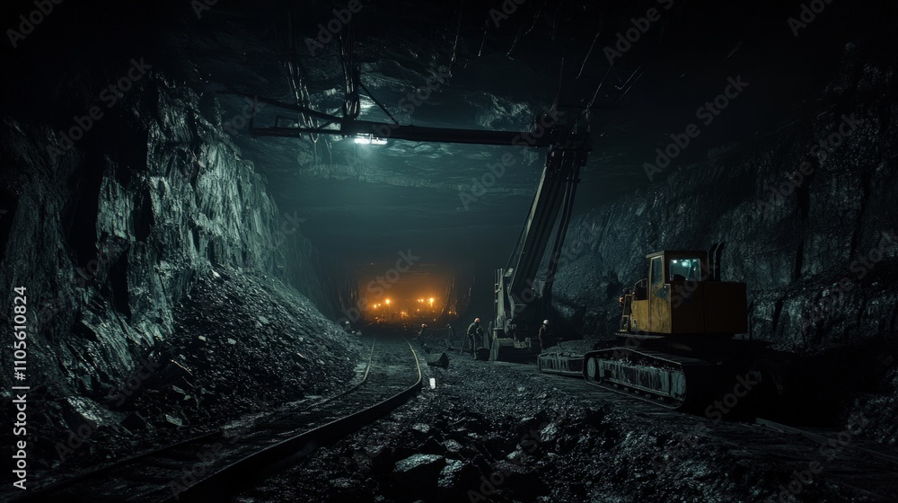 Heavy machinery operation in a dark mine underground excavation scene ...