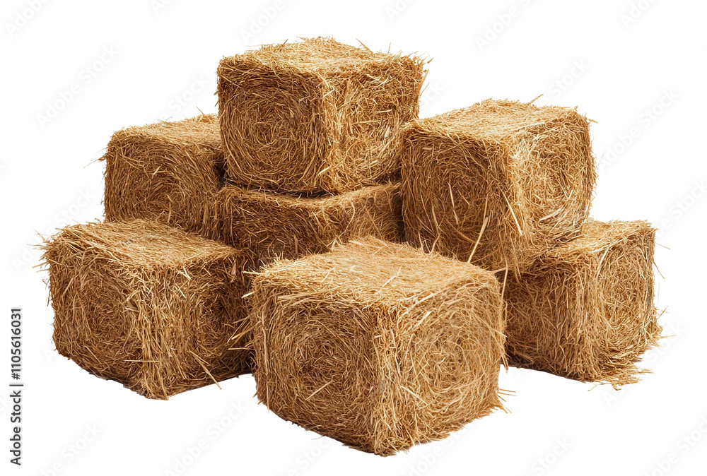 Pile of packed hay bales for farming and feeding, isolated on ...