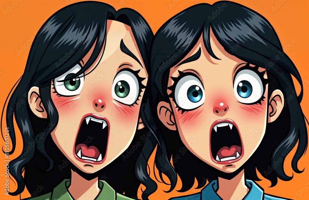 Two female cartoon characters with wide-eyed expressions of fear. Their mouths are open in a ...