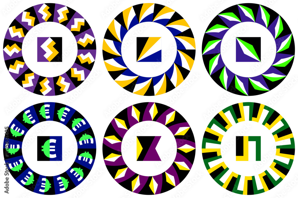 Dynamic circular borders with bold colors and optical illusion effects ...
