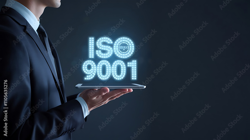 ISO 9001 Concept, Businessman holding a tablet with text iso 9001, ISO ...