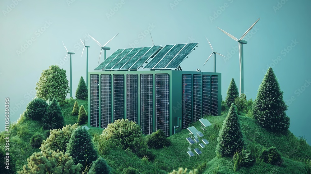 Green data center powered by solar and wind, sustainable tech, 3D ...