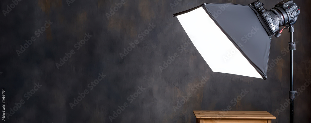 Softbox lighting setup for photography with wooden table backdrop ...