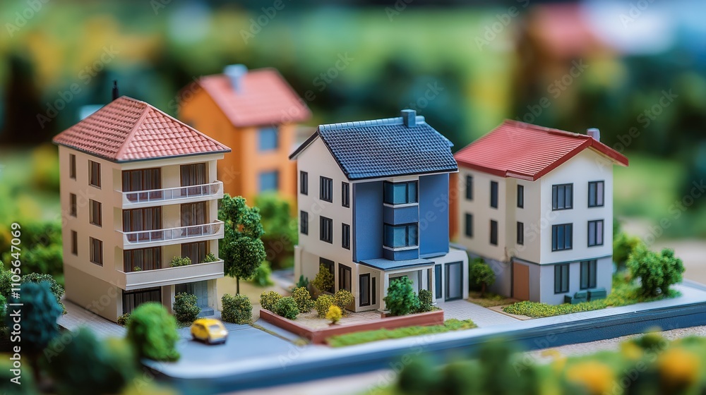 Miniature models of residential buildings show different house designs ...