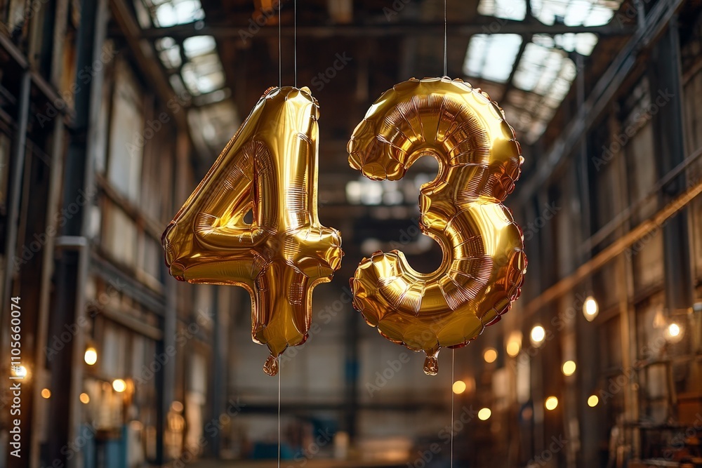 Golden balloon numbers 43 hang in an industrial space, juxtaposing ...
