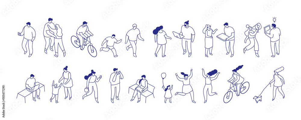 Isometric black line art people silhouette set isolated on white Stock ...