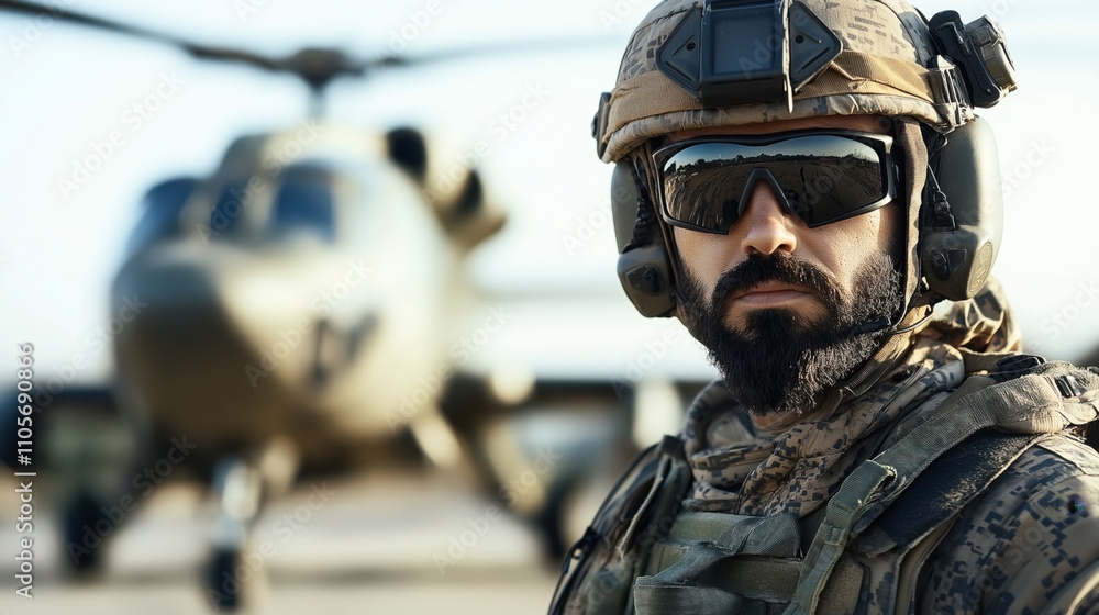 Military soldier wearing tactical gear and helmet with headset standing ...