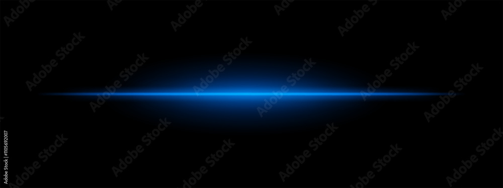 Blue laser light. Thin horizontal beam, soft glowing effect, intense ...