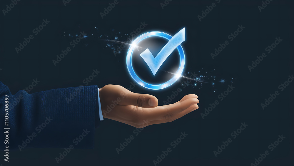 Digital Approval Concept: Hand with Glowing Checkmark and Sparkling ...