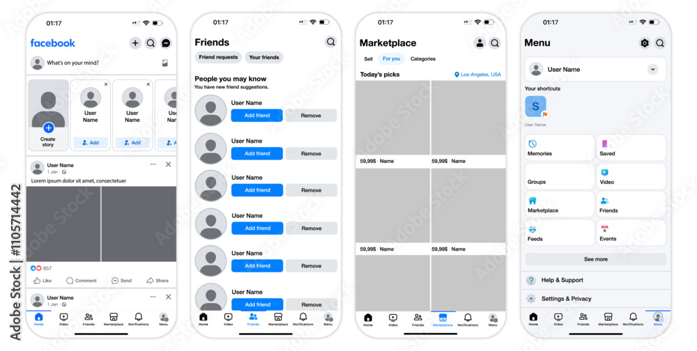 Facebook mockup set. posts, photo, friends and more. Mobile App ...