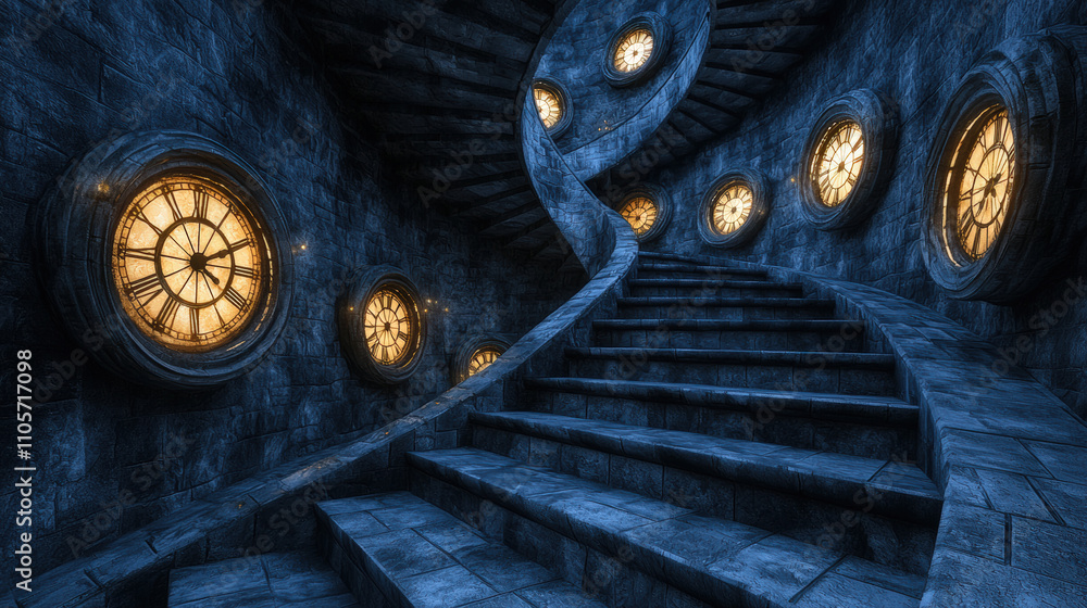 spiral staircase with glowing steps and ornate clock windows creates ...