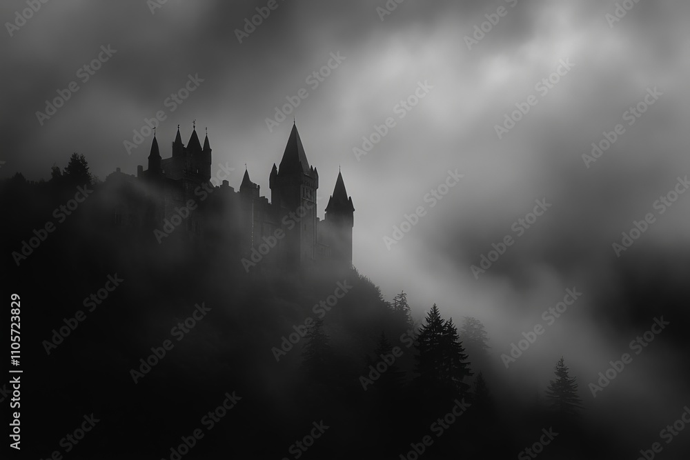 Enshrouded in an ethereal mist, a majestic castle with pointed turrets ...