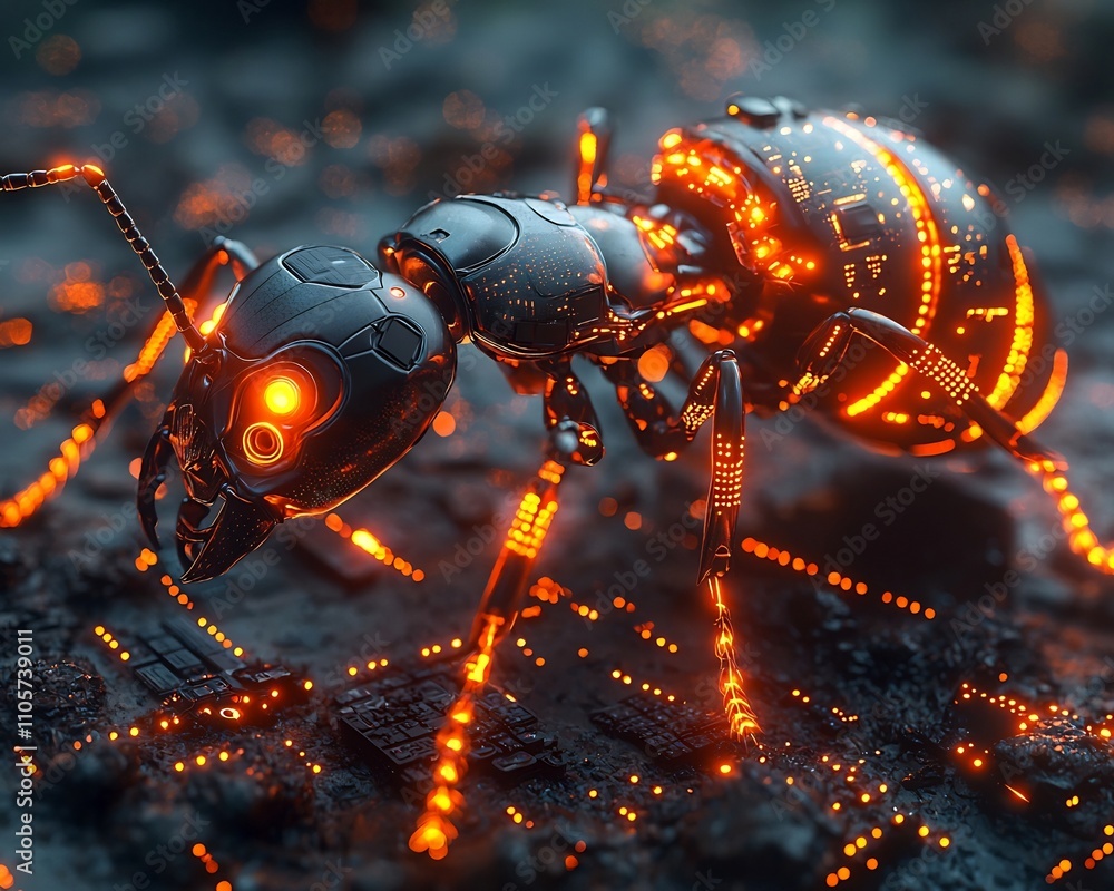 Futuristic Robotic Ant Marching with Glowing Microchips in Digital ...