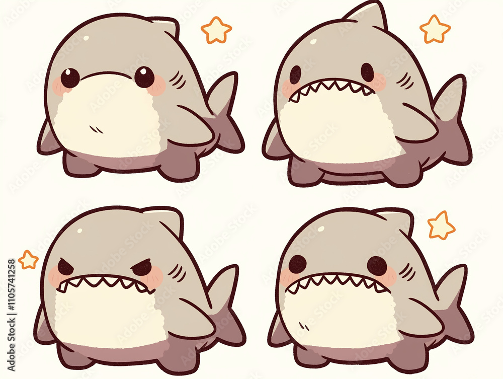 Cute Cartoon Sharks - Kawaii Animal Illustrations Stock Illustration ...