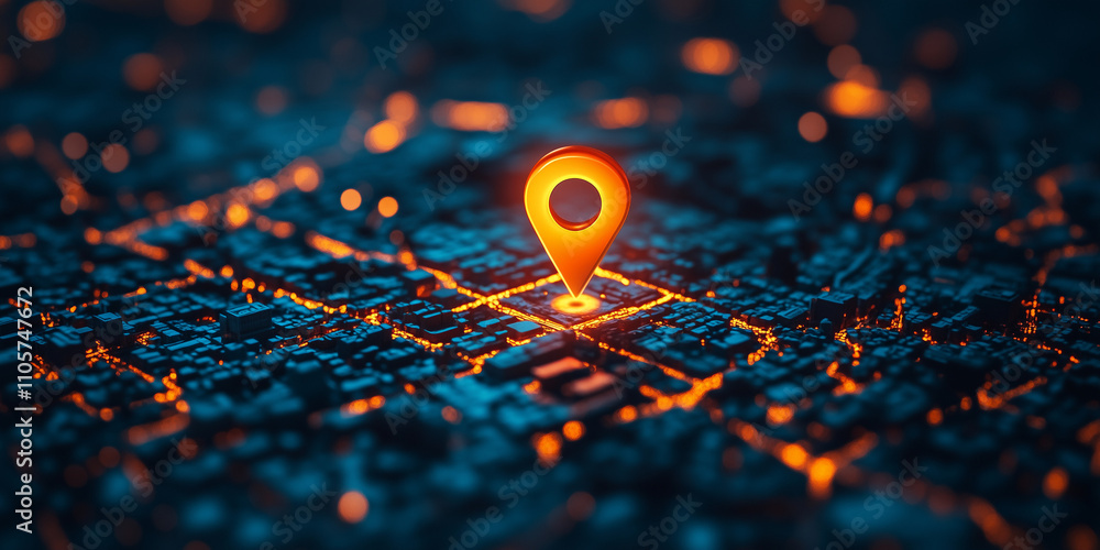 Location Pin on Virtual City Map A glowing location pin hovering over a ...