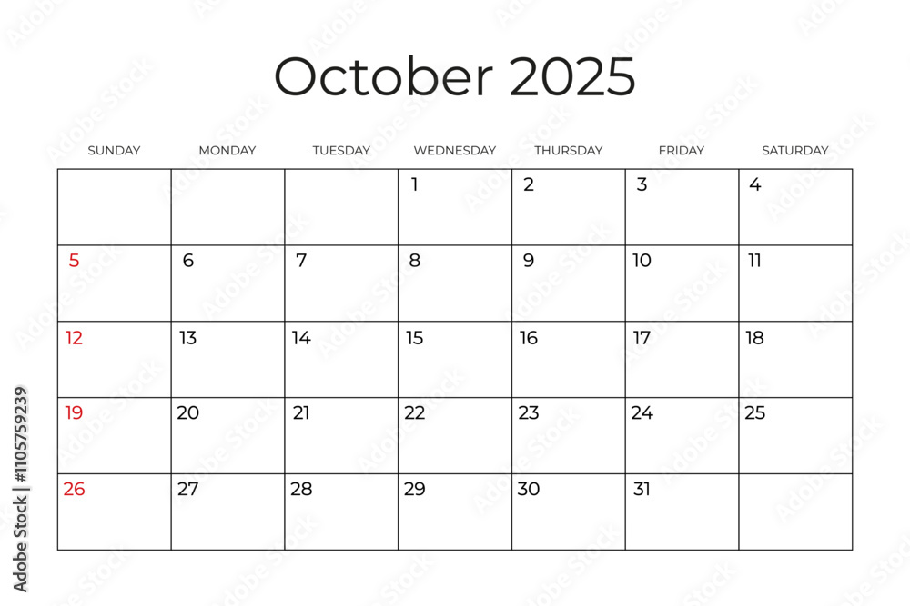 Printable Monthly Calendar template for October 2025. Week Starts on ...
