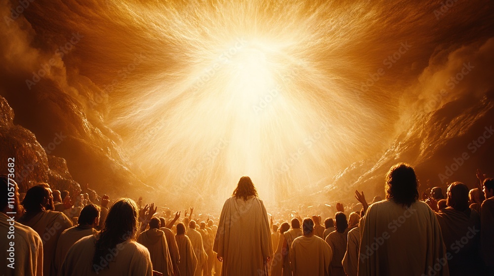 Jesus with his disciples praying against a backdrop of bright light ...