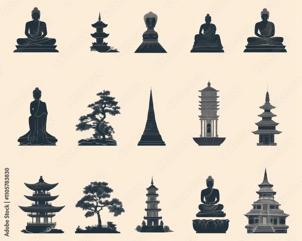 A set of various Buddha minimal icons in full detail, isolated on a ...