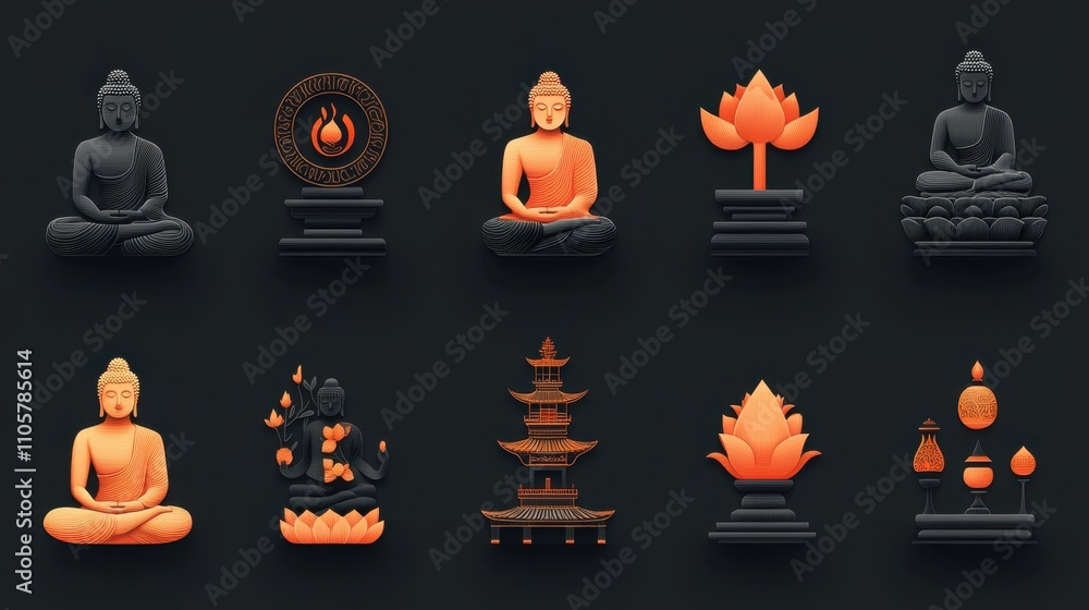 A set of various Buddha minimal icons in full detail, isolated on a ...