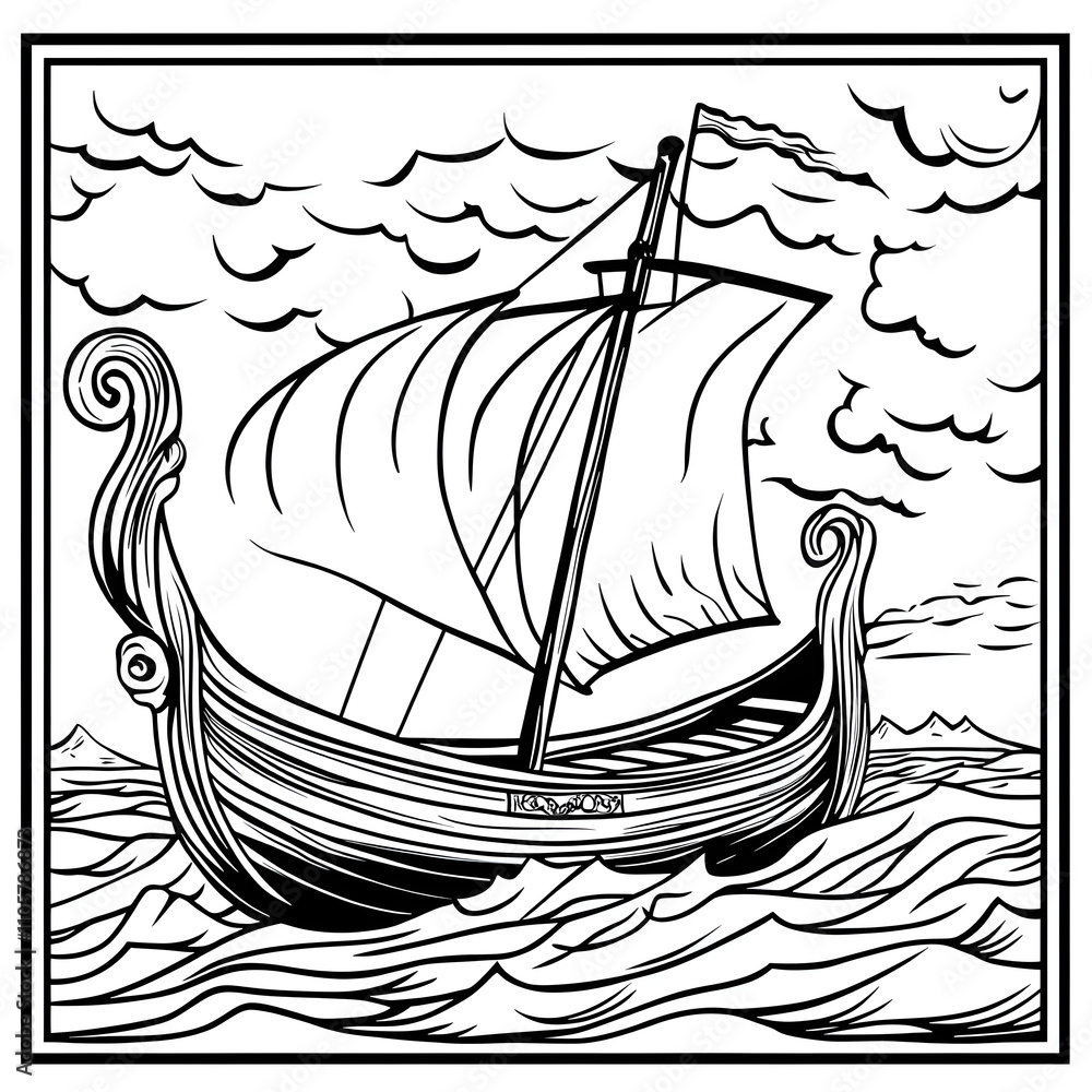 Viking longboat sailing amidst stormy seas in a coloring book page ...