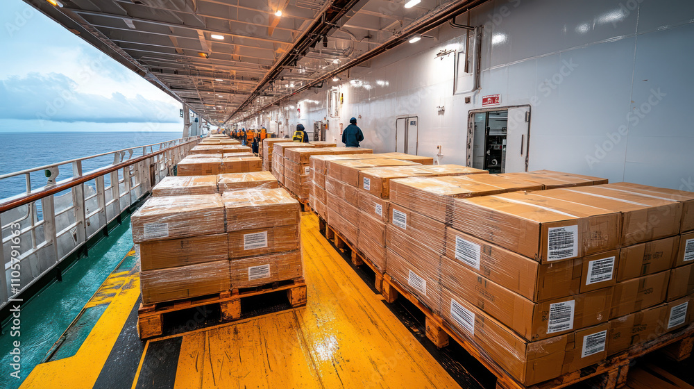 Large cargo pallets lined up on cruise ship deck, showcasing organized ...