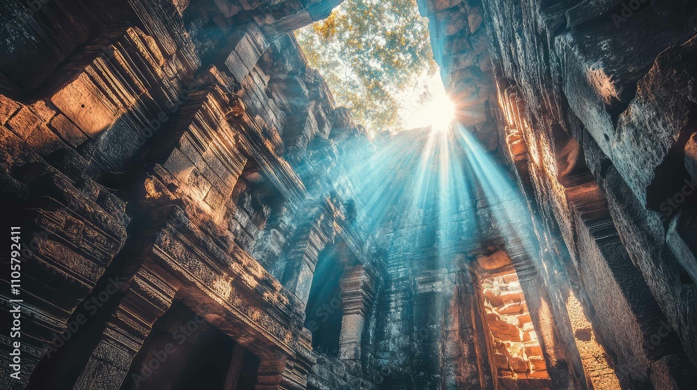 Ilustración de Stock Rays of sunlight shining through a narrow gap in ...