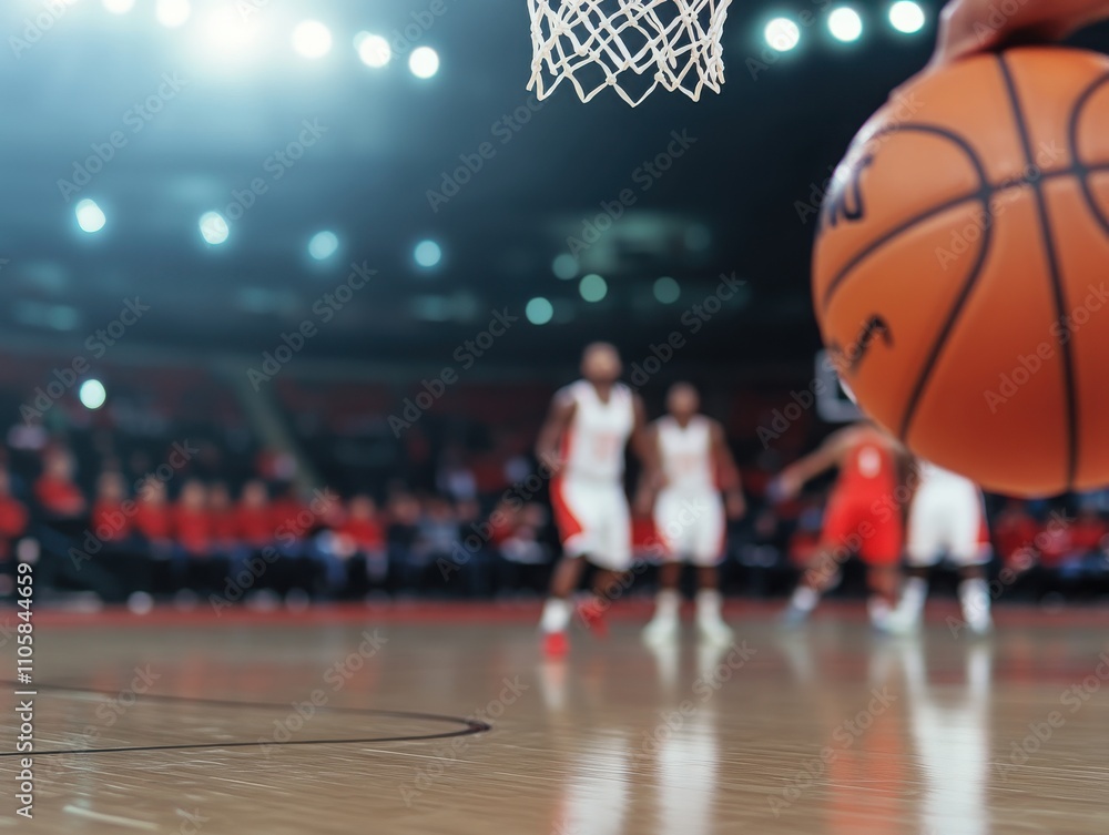 A close-up view of a basketball in hand, with players in action ...