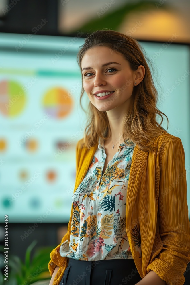 Smiling woman presenting data on a large screen, vibrant yellow and ...