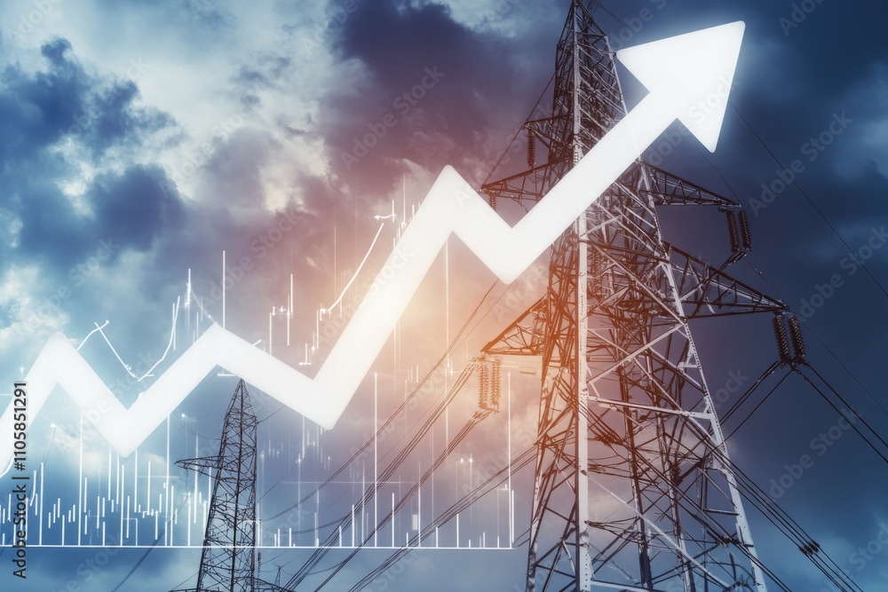 Electric grid with growing arrow up graph. Rising price of energy ...