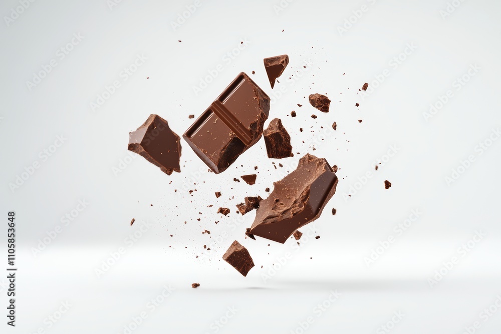 Exploding chocolate bar with pieces floating in mid-air against gray ...