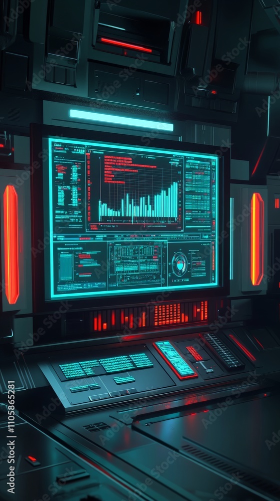 Digital data analysis action futuristic control room technology interface cyber environment ...