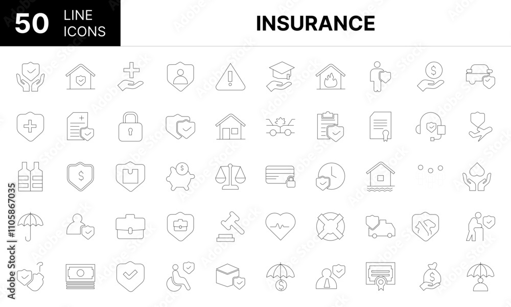 Collection of 50 insurance line icons featuring editable strokes. These ...