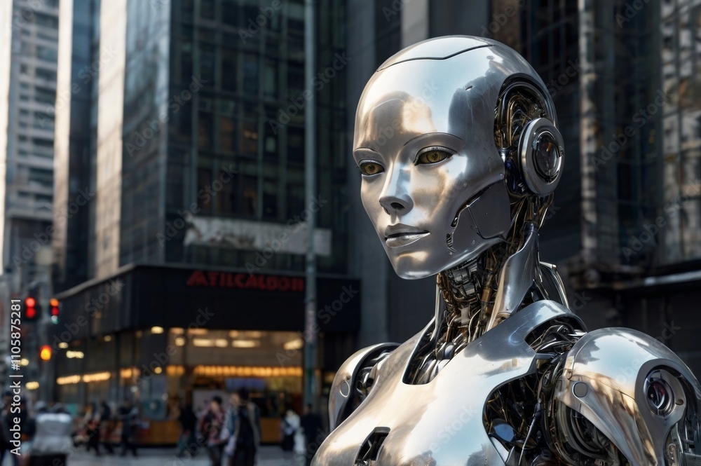 futuristic android woman in city street, metallic shining surface ...