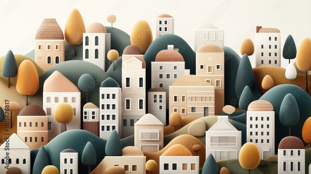 Abstract illustration of a geometric village with stylized houses and ...