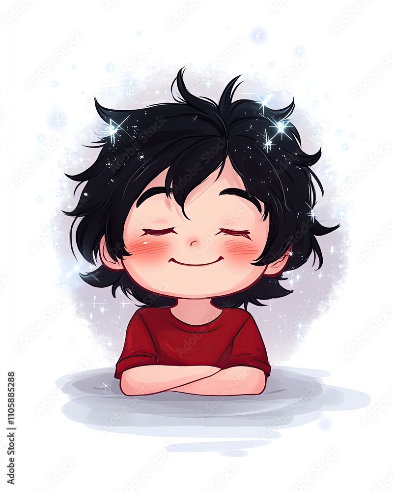 make a chibi design of a guy with black hair wearing red shirt in ...