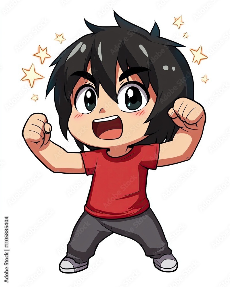 make a chibi design of a guy with black hair wearing red shirt in ...