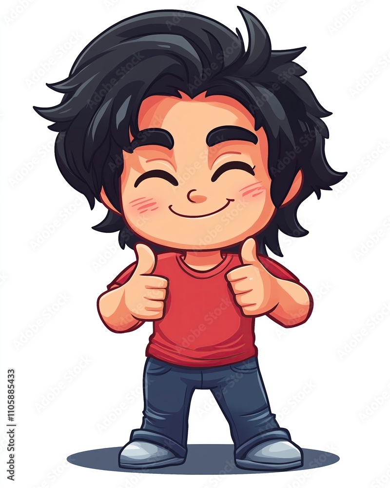 make a chibi design of a guy with black hair wearing red shirt in ...