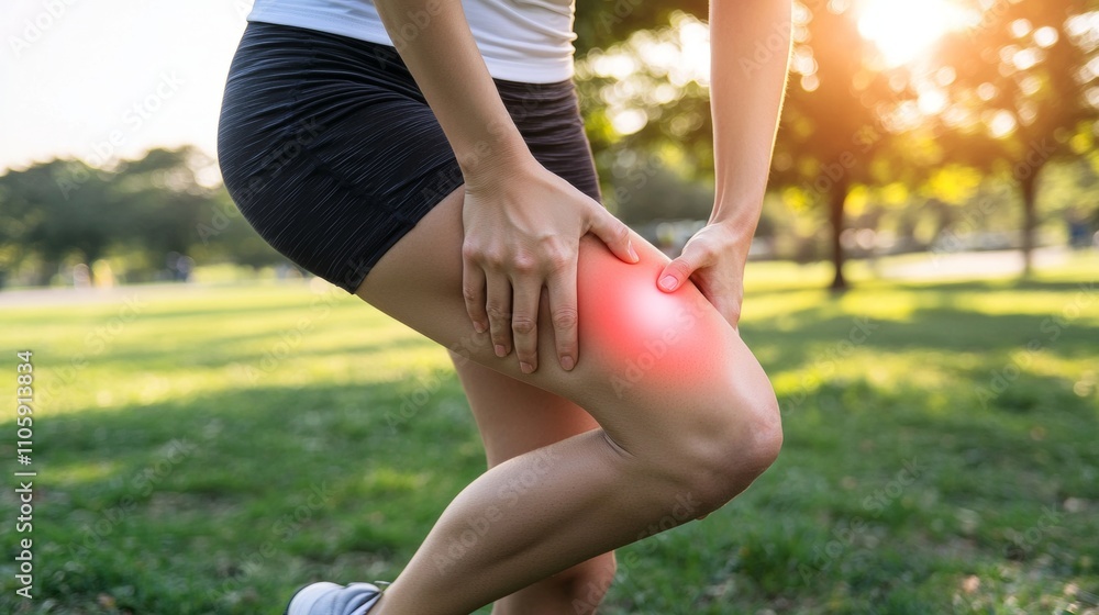 Runner suffering from painful thigh cramps during workout in park ...